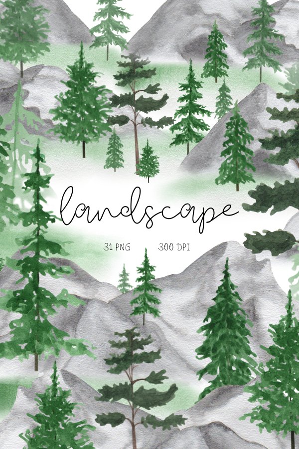 Watercolor forest tree mountain clipart, nature (1502984)