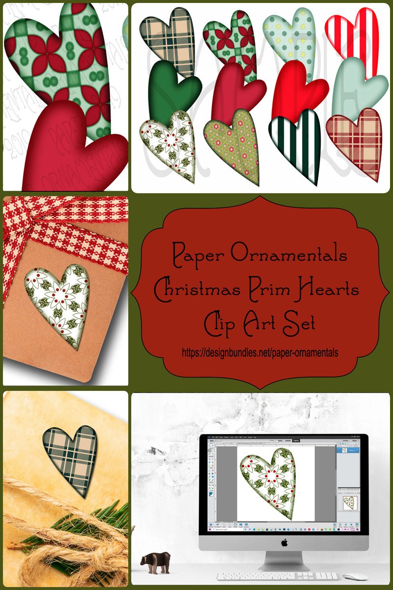 Christmas Clip Art, Holiday Primitive Hearts