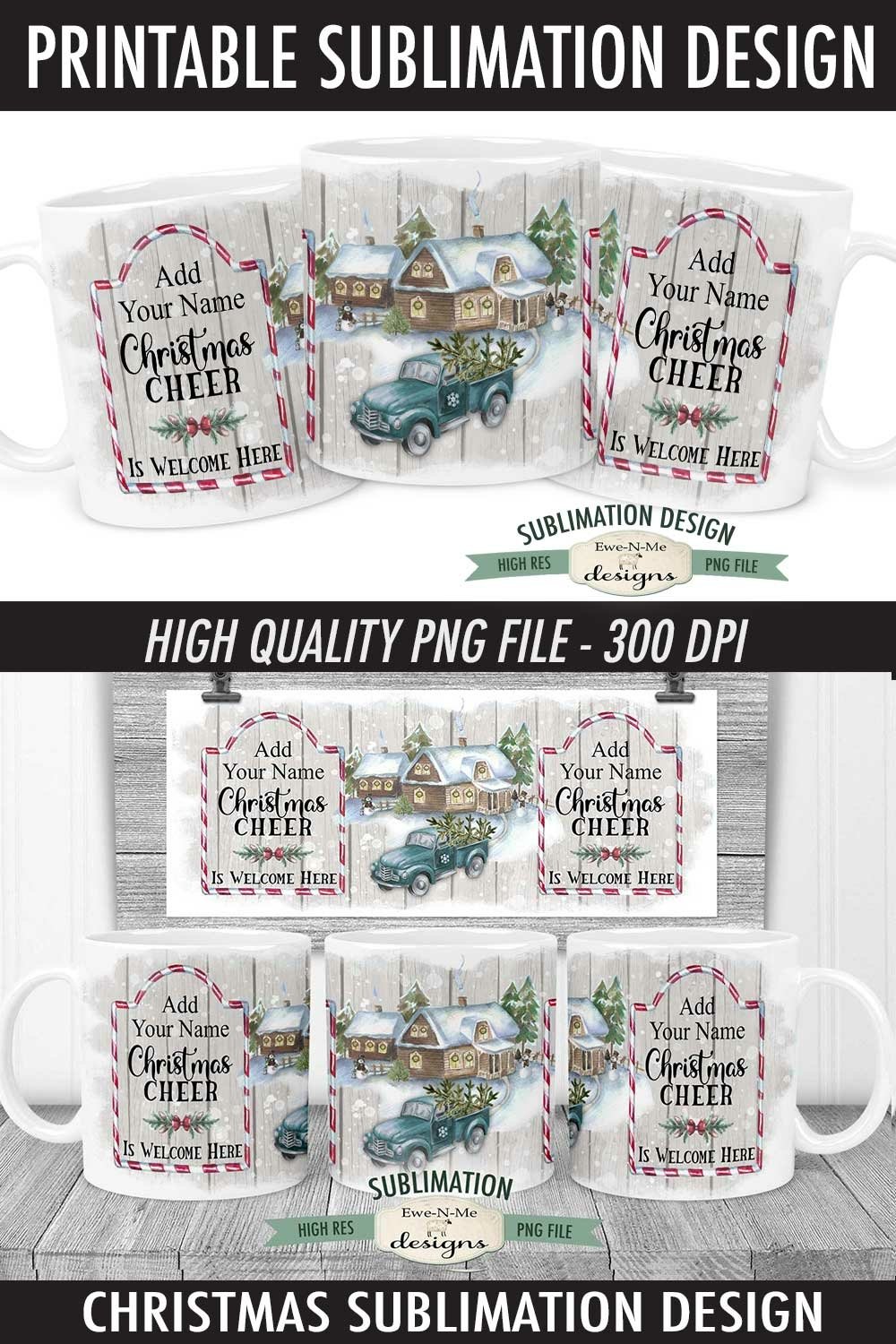 Blue Truck Christmas Cheer Farm Mug Sublimation 11 & 15 oz