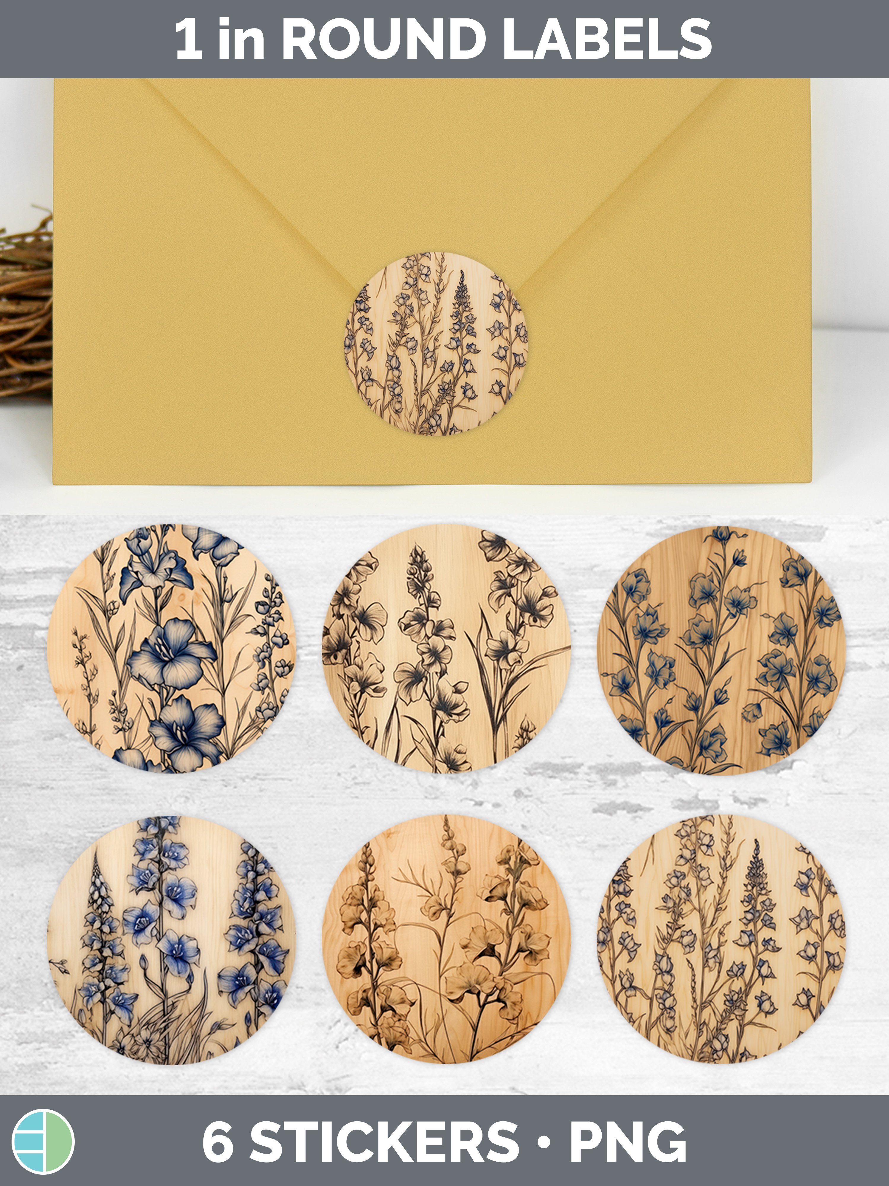Wood Burned Delphinium Flowers Stickers | Round Labels Desig