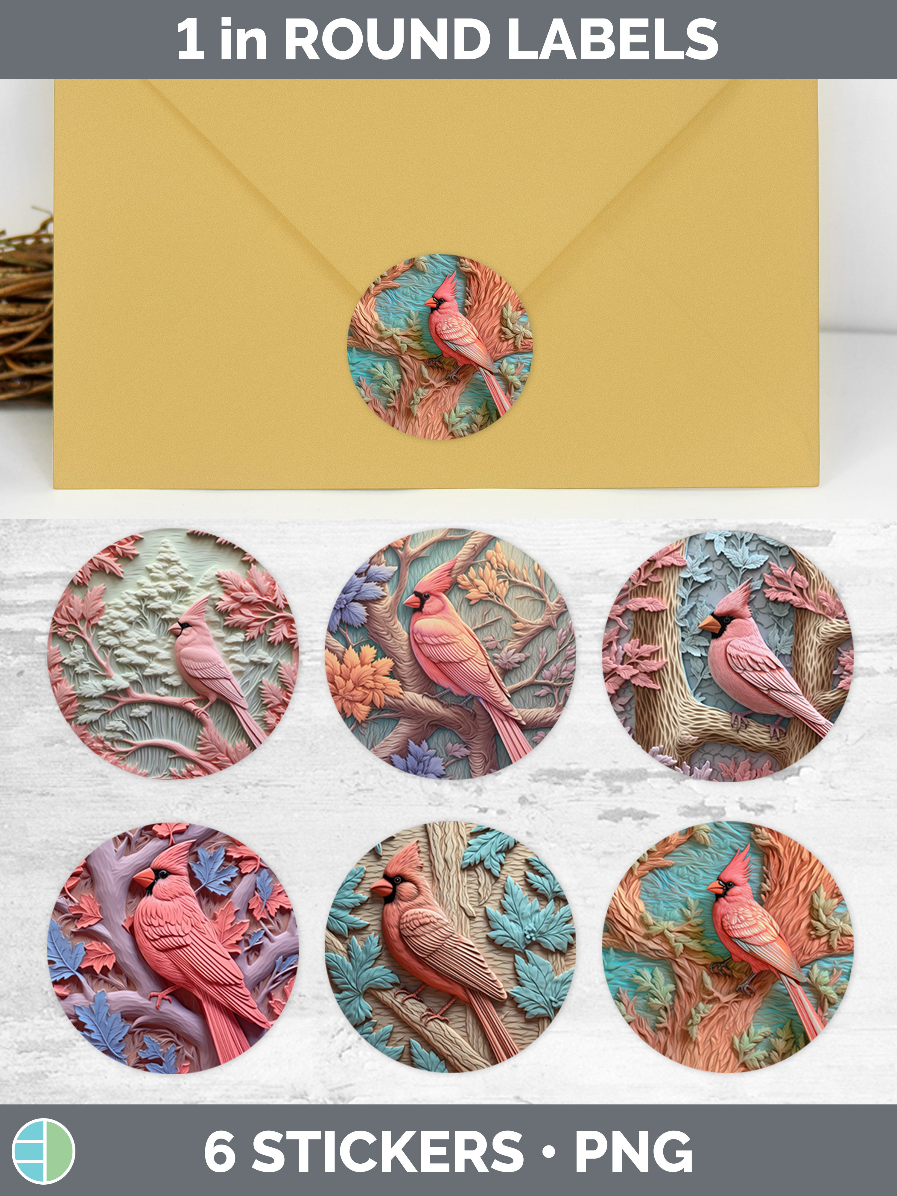 3D Cardinal Bird Stickers | Round Labels Designs Bundle