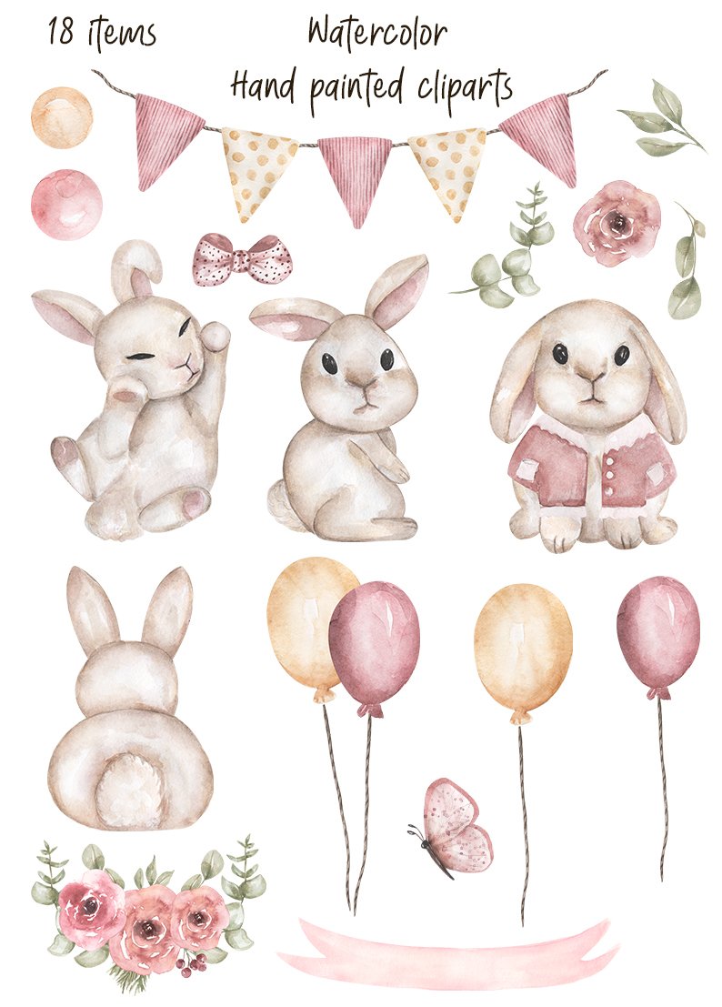 Watercolor Cute Bunny Clipart Set 1