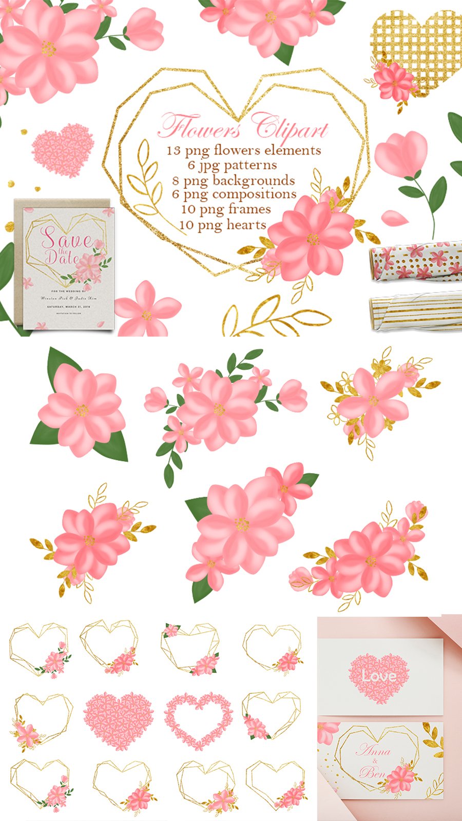 Flower. Ornament. Gold Frames. Hearts. Valentines day.