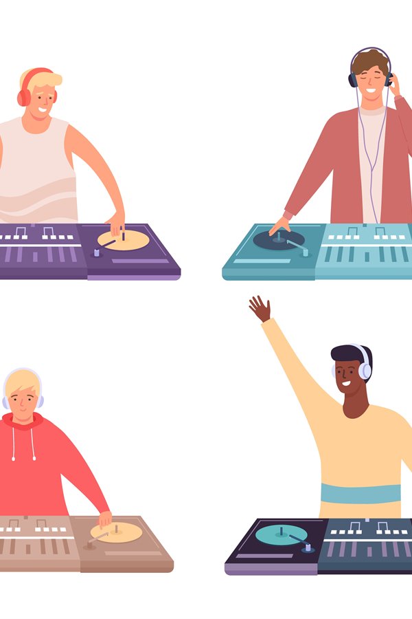 Dj characters at console. Female and male party musicians wi