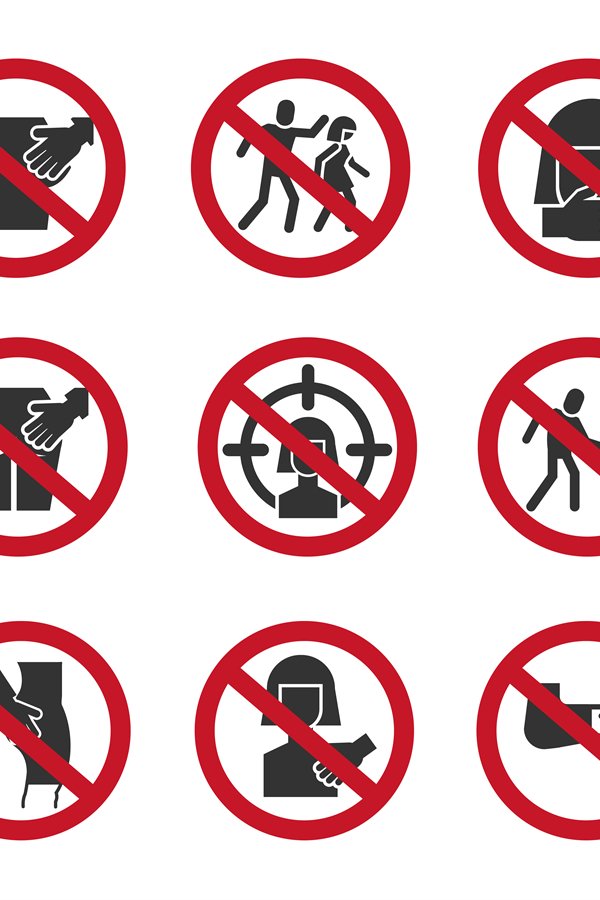 Stop sexual abuse, harassment, violence vector icons set