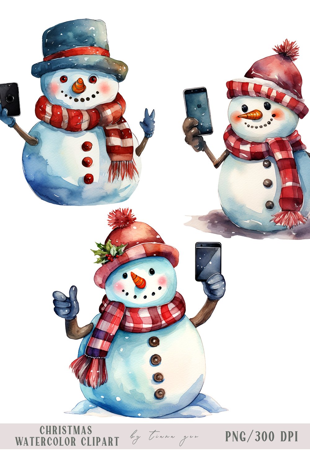Cute Christmas snowmen taking selfies clipart sublimation