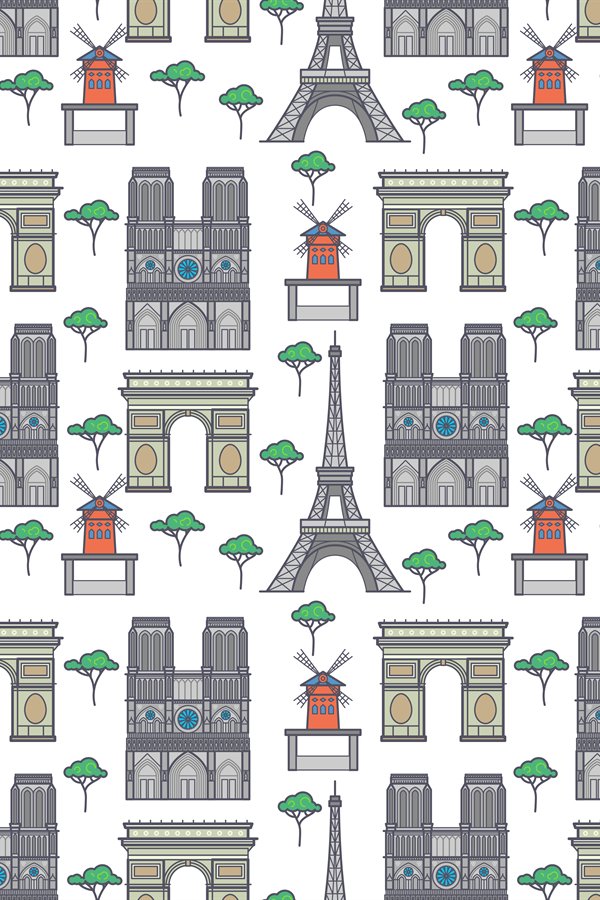 Paris landmarks seamless pattern