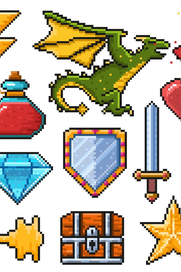 Pixel game elements. Games ui magic items, fire, trophy, coi