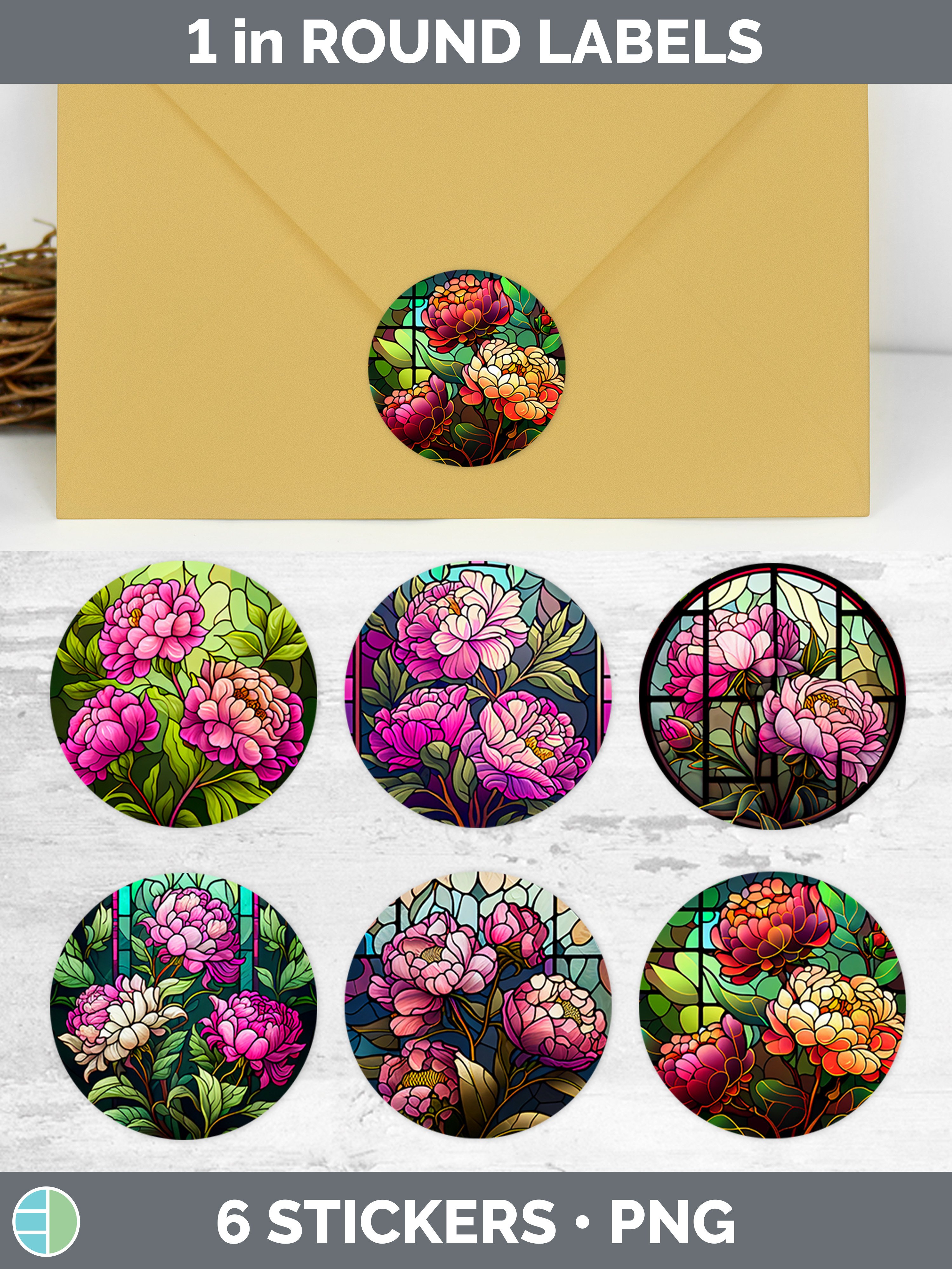 Stained Glass Peony Flowers Stickers | Round Labels Designs