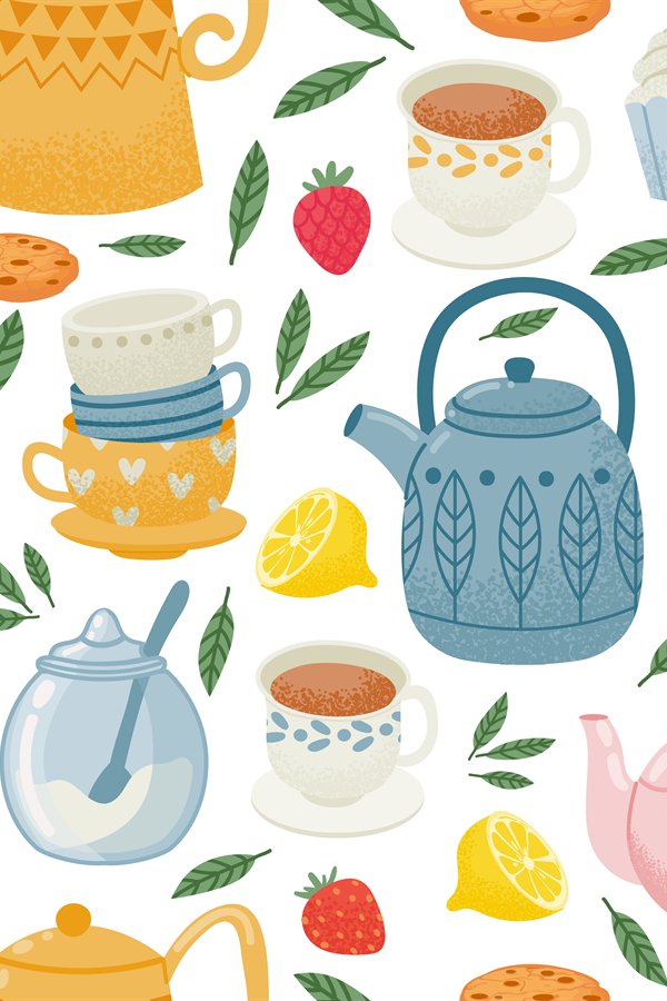 Decorative tea time seamless pattern with teapots, cups and