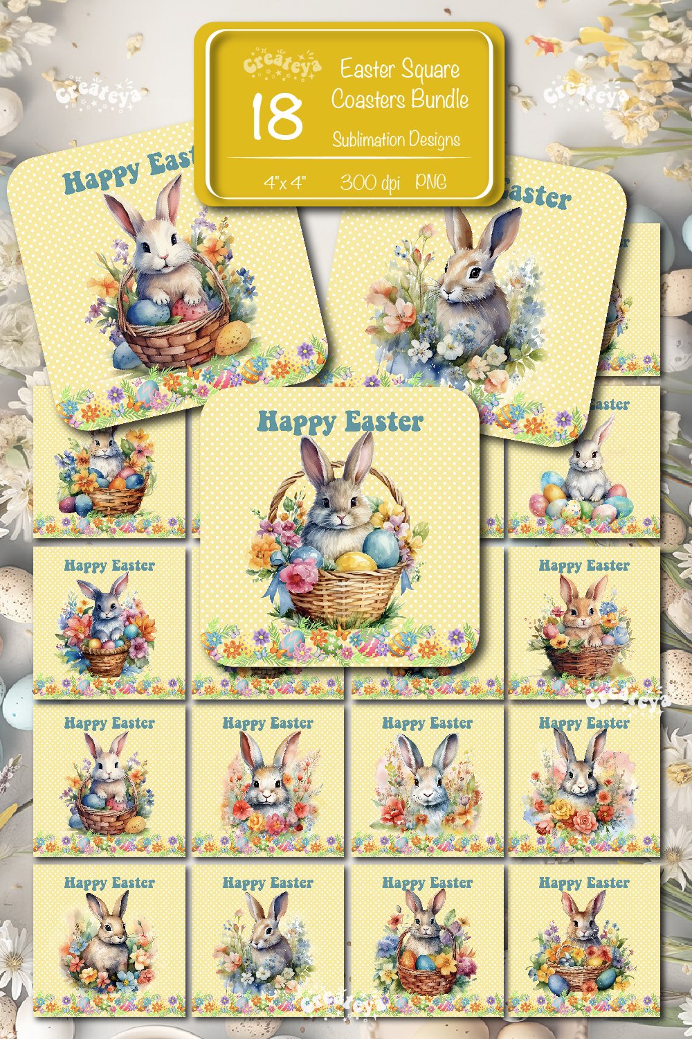 Square Easter coaster Bundle Easter Bunny Sublimation Rabbit