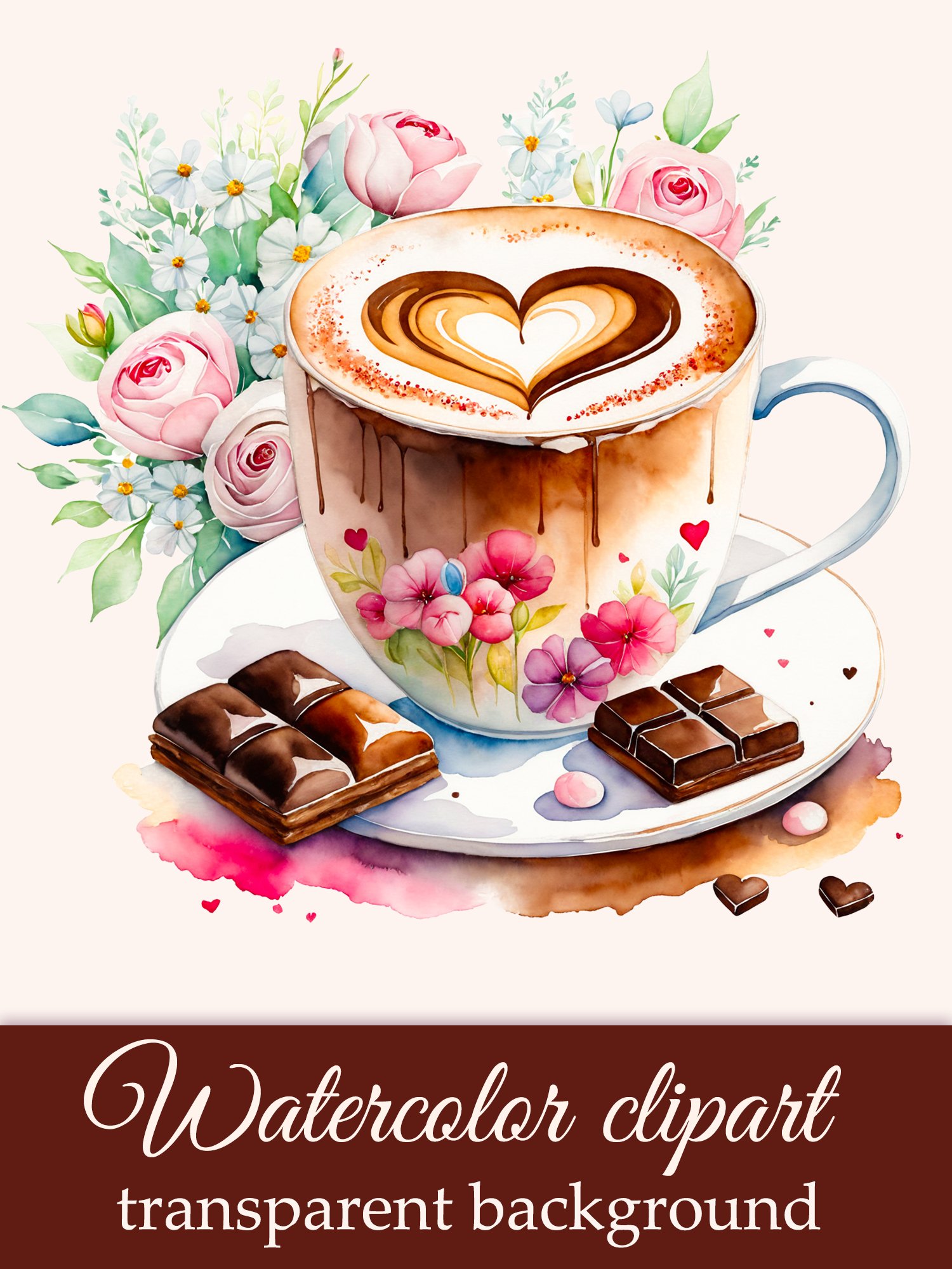 Watercolor coffee cup with hearts and chocolate, clipart Png
