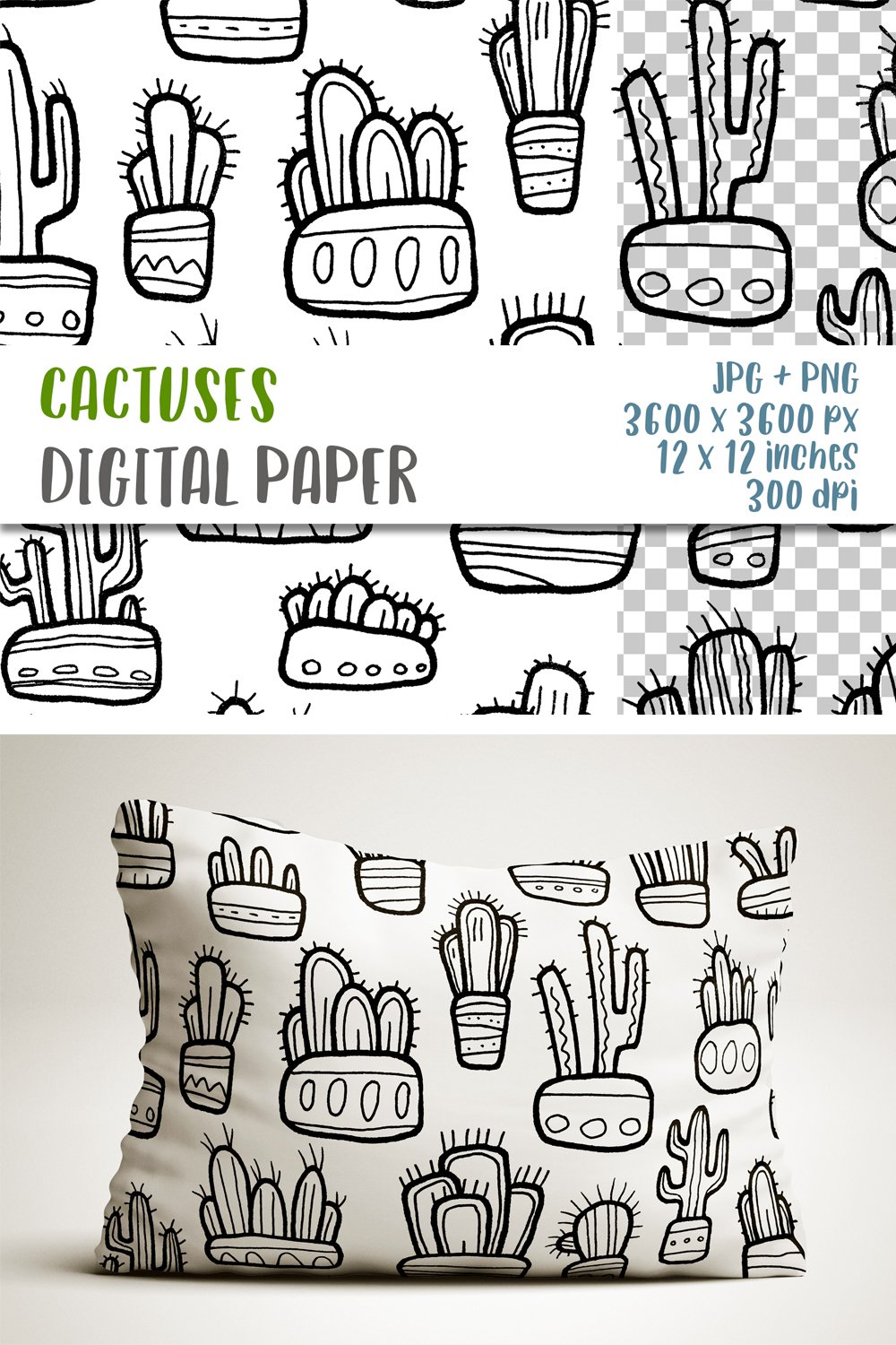 Cactus digital paper Succulent png Black seamless pattern