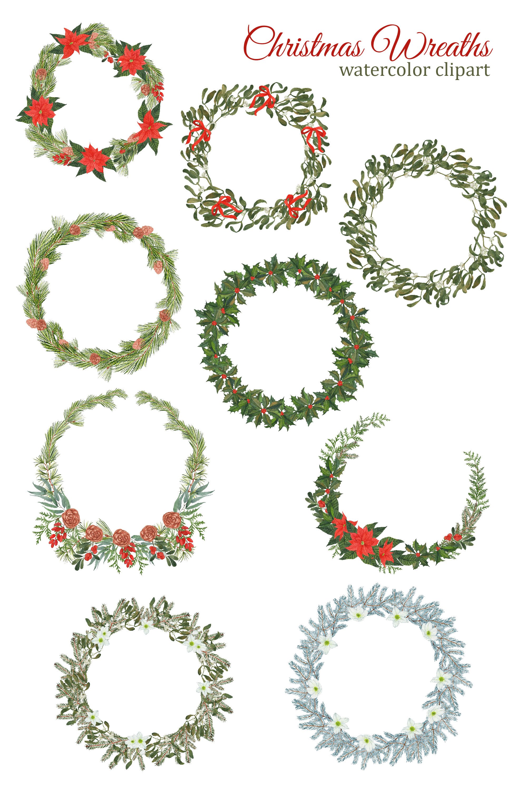 Christmas wreaths watercolor clipart, winter greenery