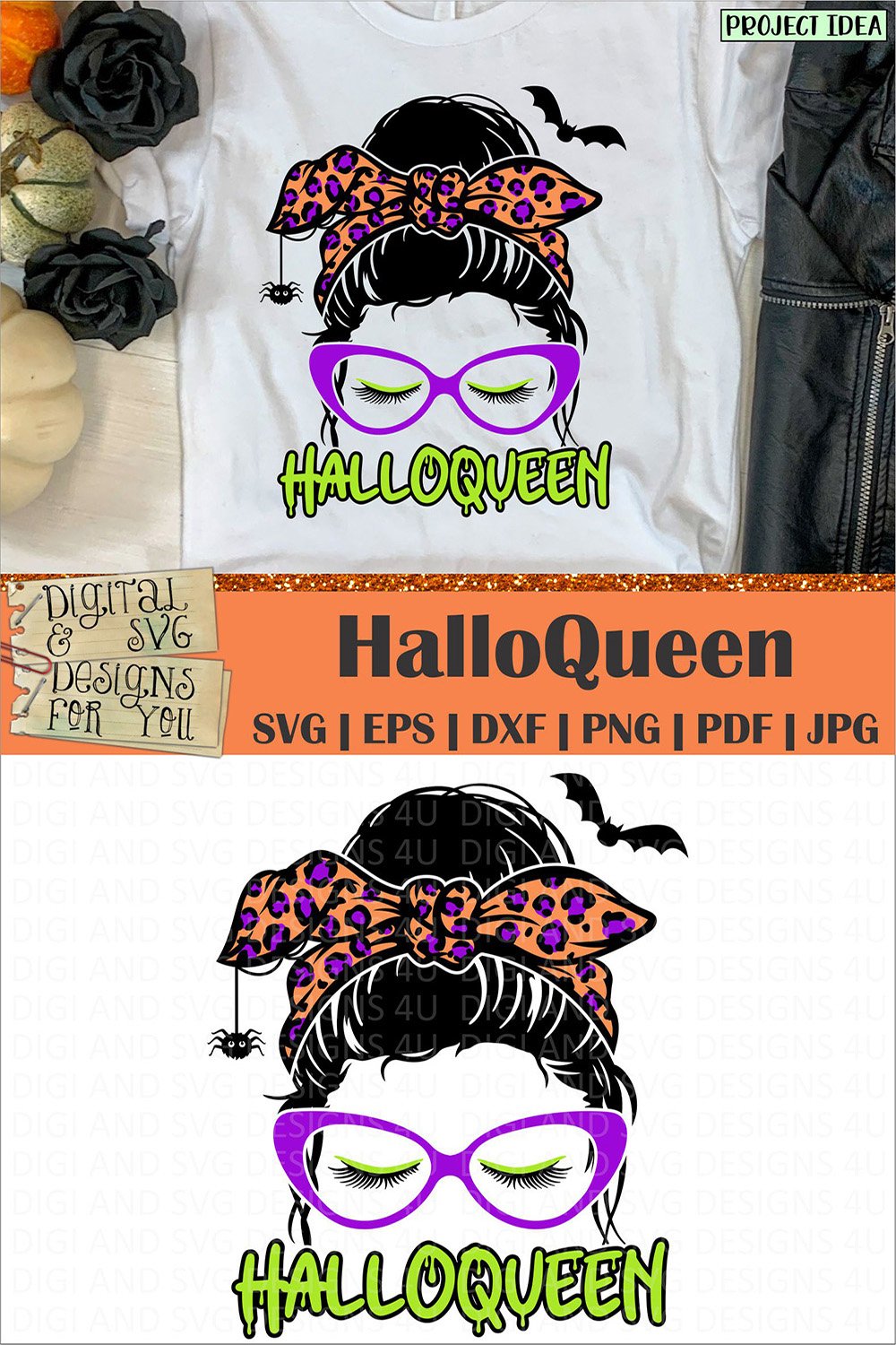 HalloQueen SVG, Halloween SVG, Messy Bun and Glasses