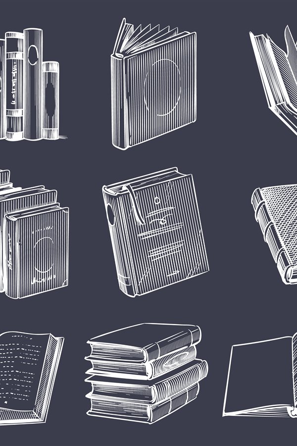 Hand drawn retro book set. Vintage sketch notebooks, stack o