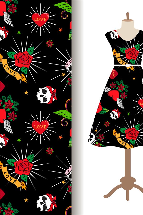 Dress fabric pattern with funny tattoo