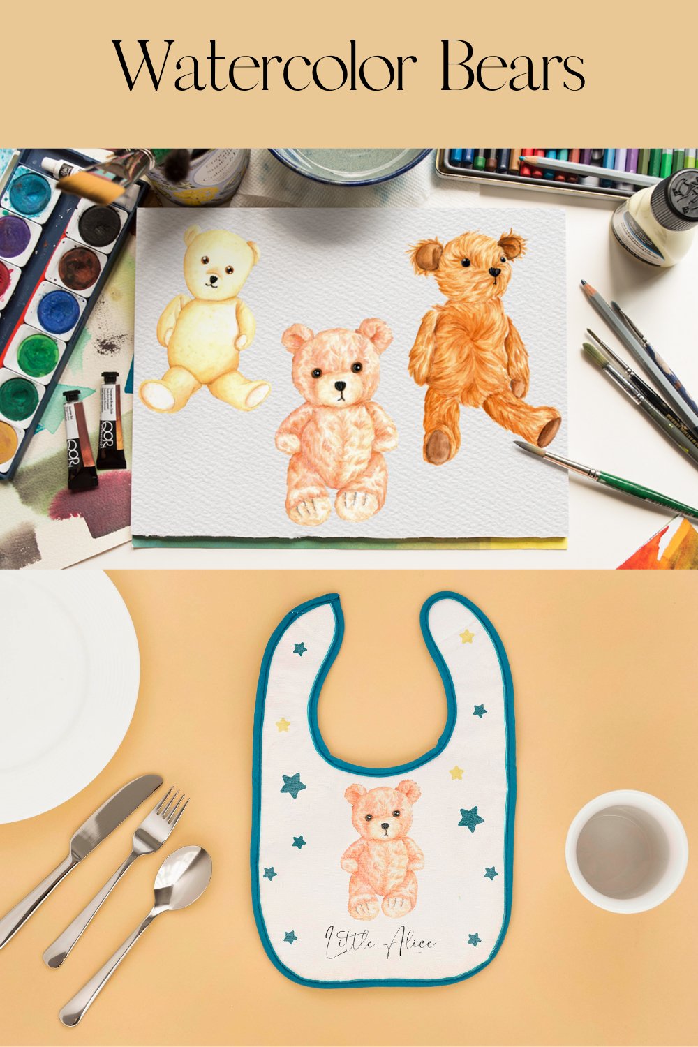 Watercolor cute teddy bears, Hand painted teddy (2483641)