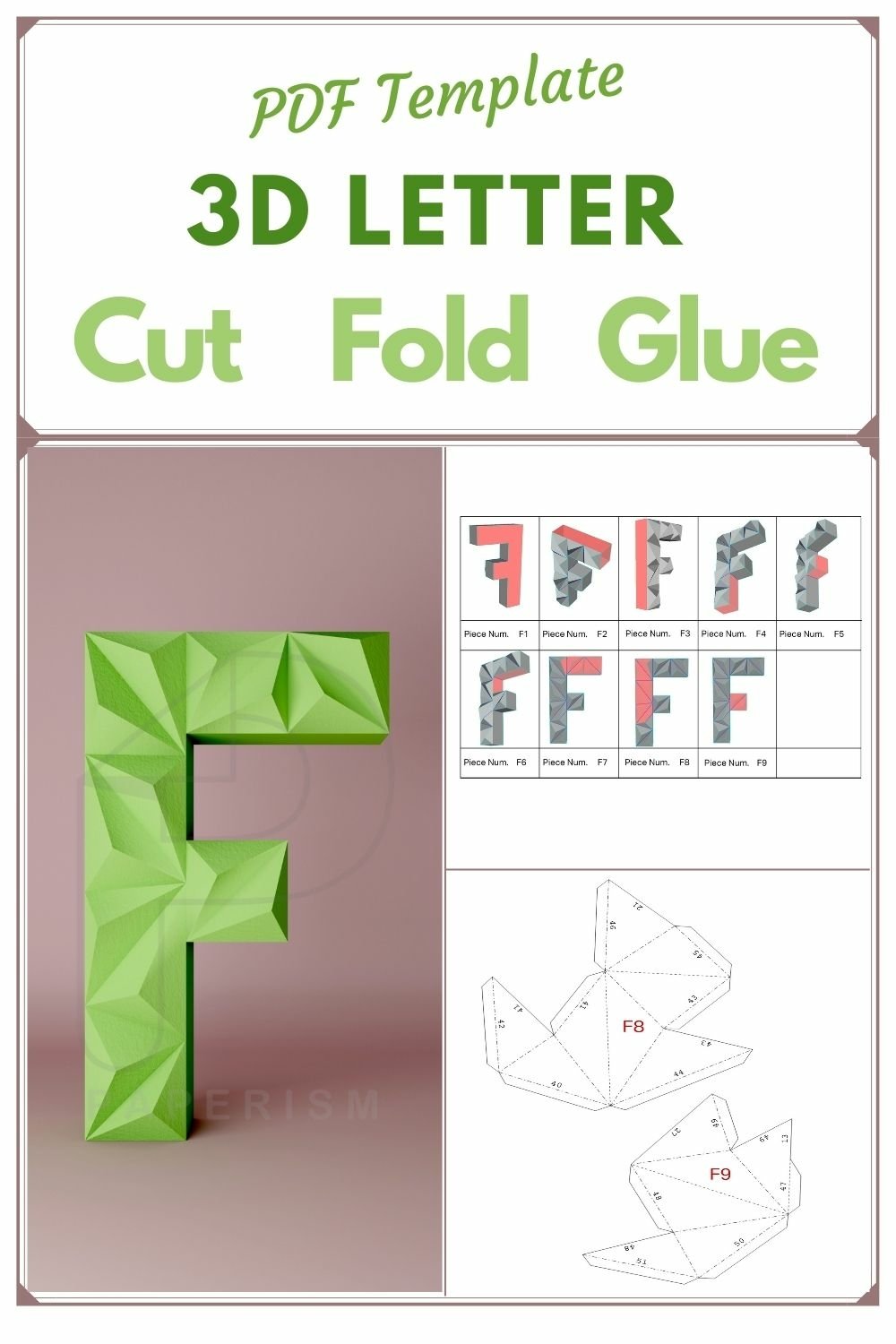 F Letter Papercraft, 3d Alphabet, DIY pdf template, low poly