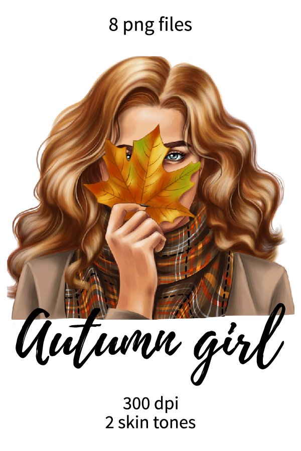 Fall clipart, autumn girl with leaf png