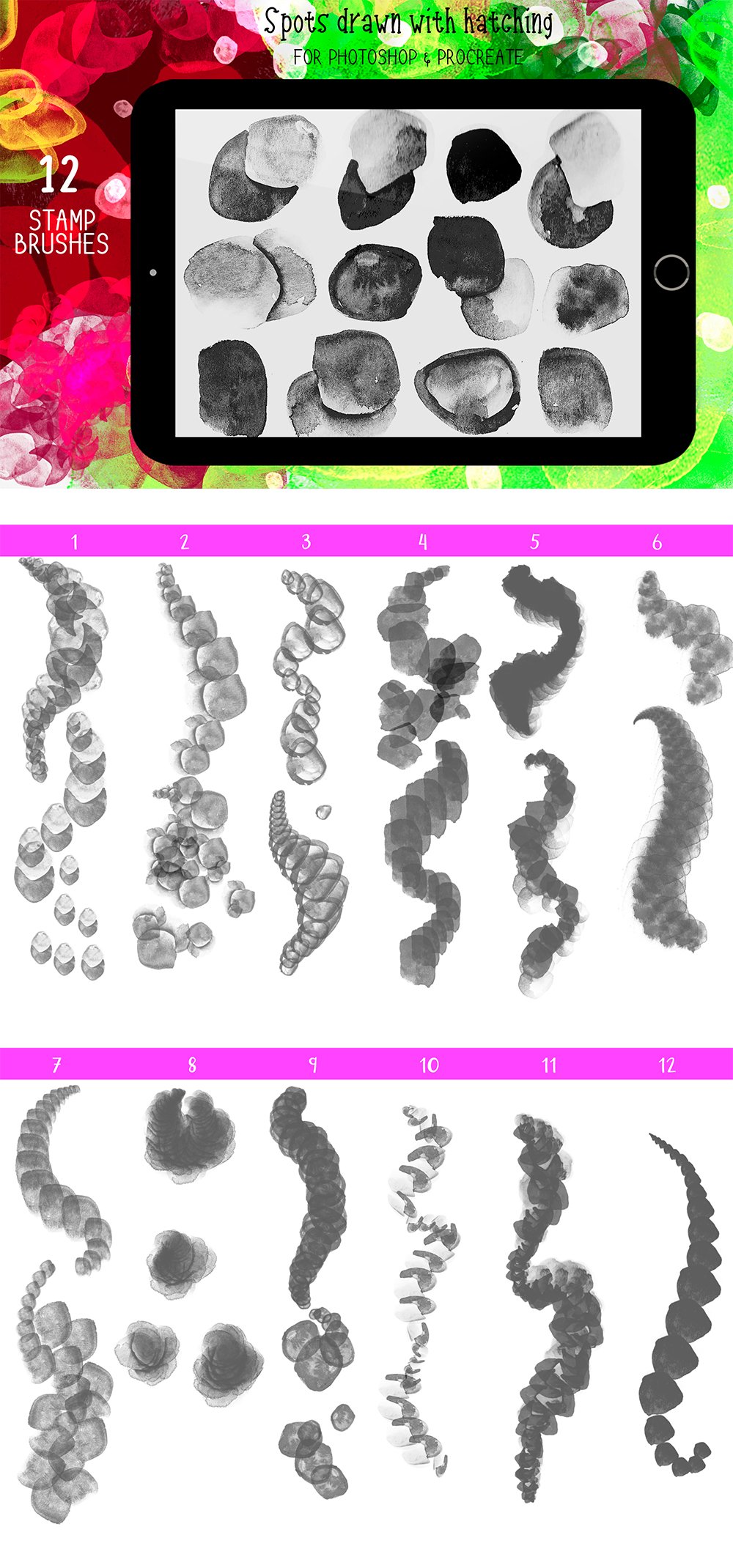 Stamp Brushes-12 shaded spots for Photoshop,Procreate