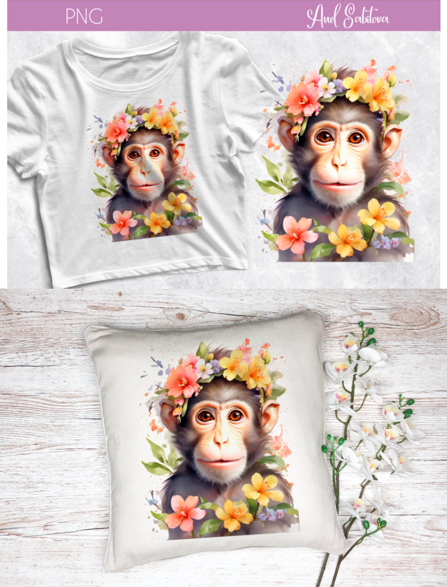 Monkey with flowers PNG