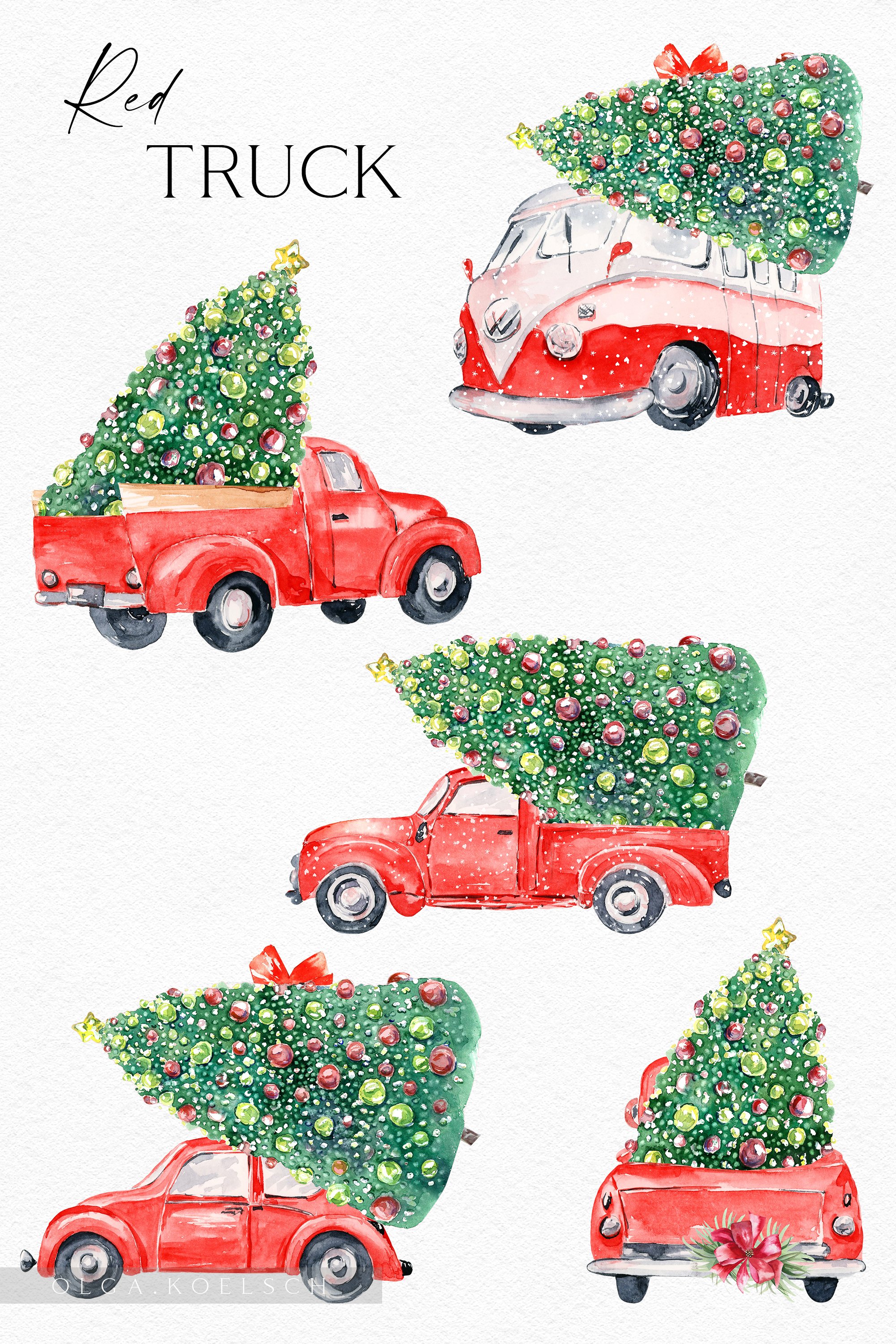 Watercolor red christmas truck clipart with (1022520)