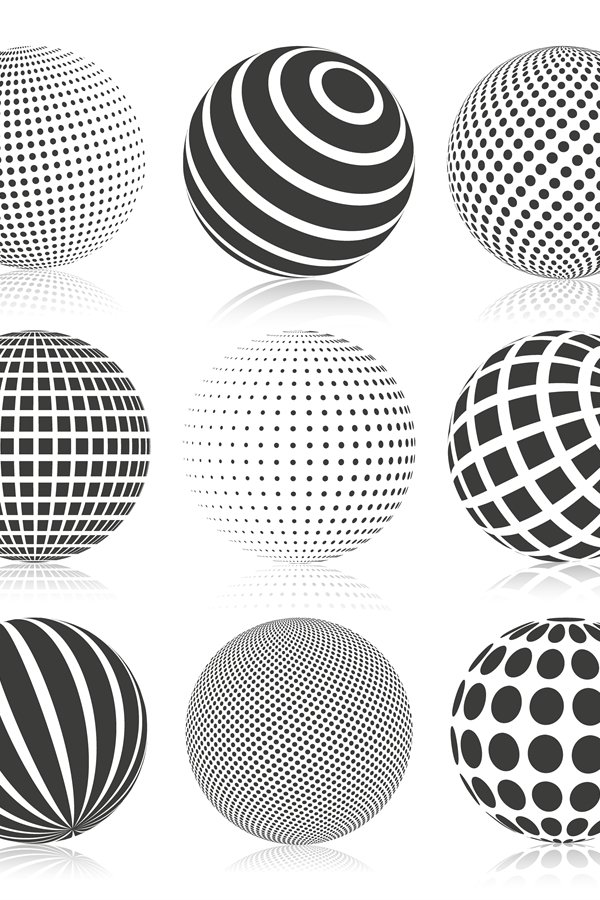 Dotted halftone 3d sphere. Striped, dotted and checkered 3d