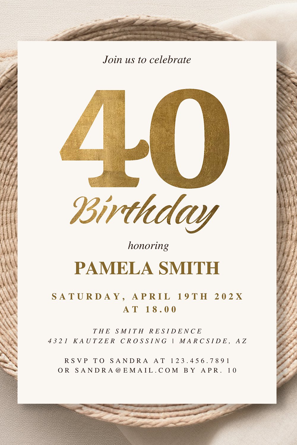 40th birthday invitation template, editable, gold faux foil
