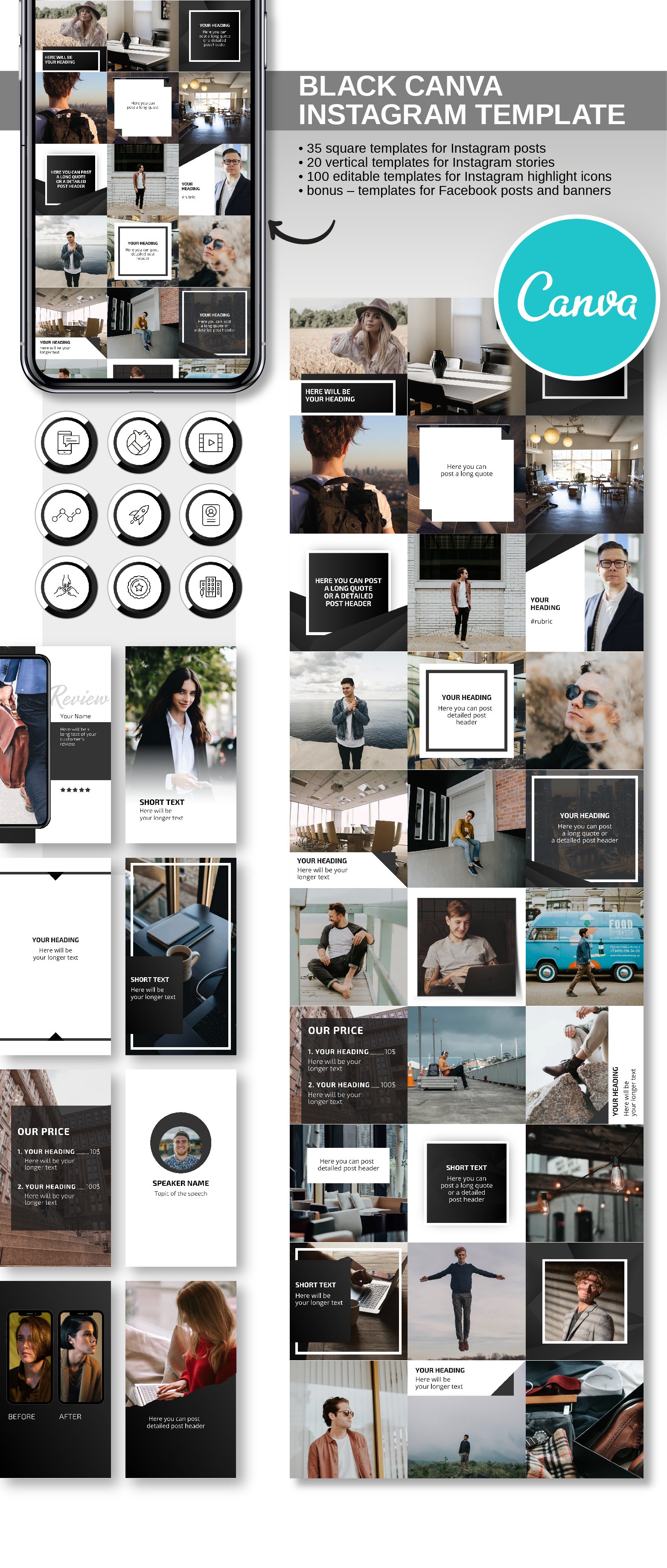 Black CANVA Template for Instagram highlights icons, stories