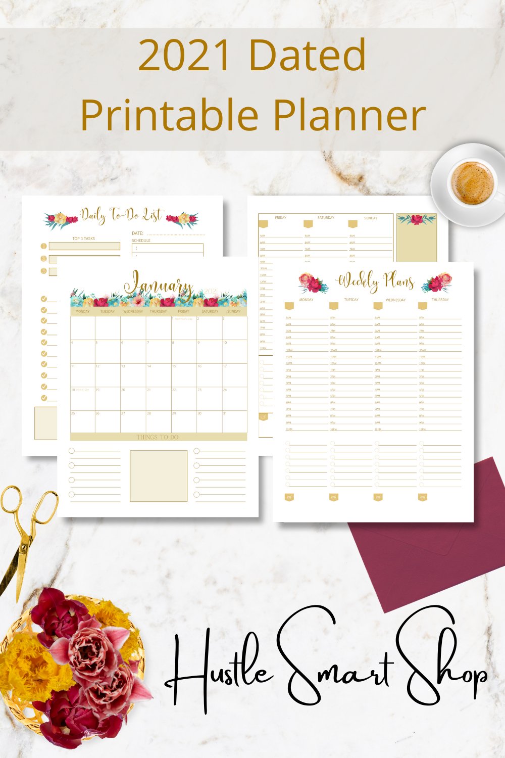 2021 Dated Printable Floral and Gold Planner KDP (988911)