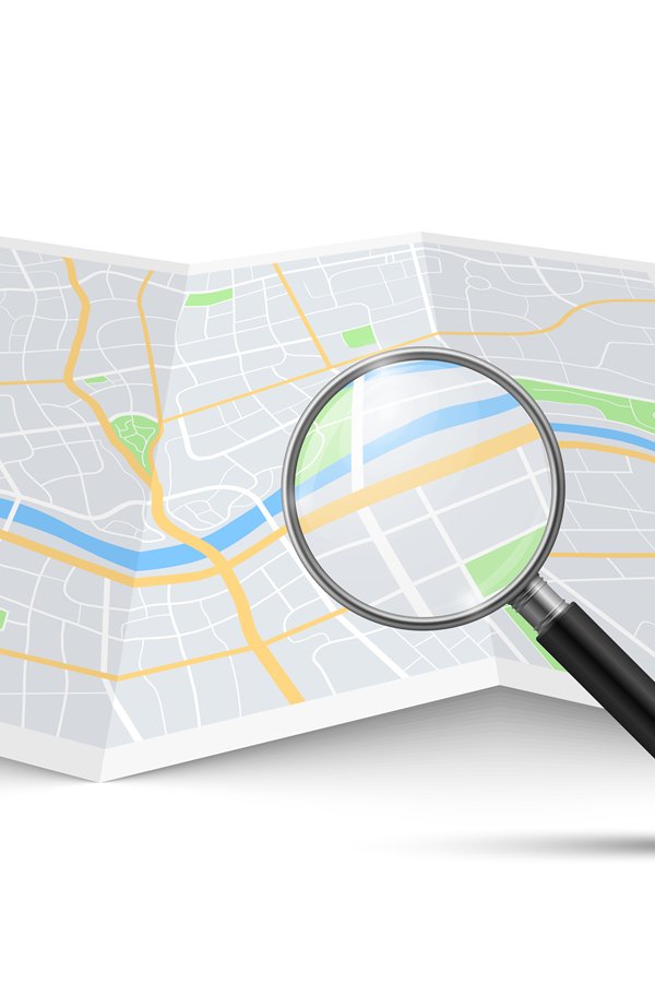 Realistic magnifying glass and map. Magnification zoom stree