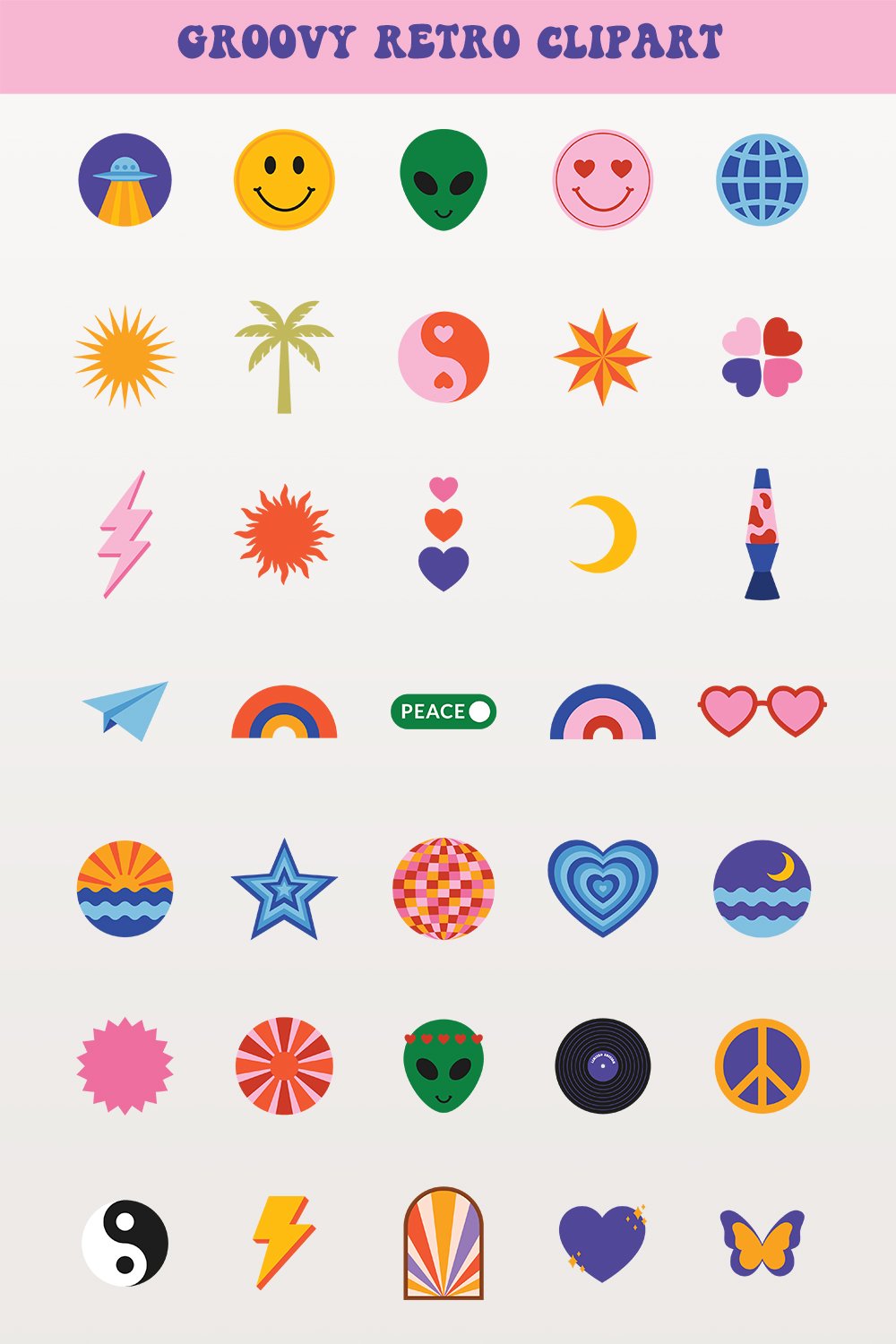 Groovy Retro Clipart Bundle | Hippie Graphics | (2287453)