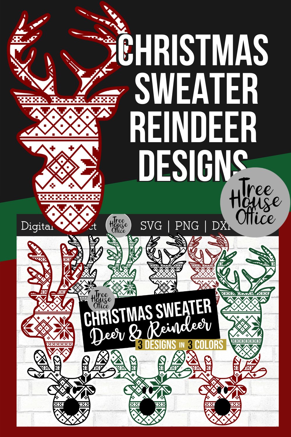 Reindeer Deer Ugly Christmas Sweater Pattern PNG SVG JPG DXF
