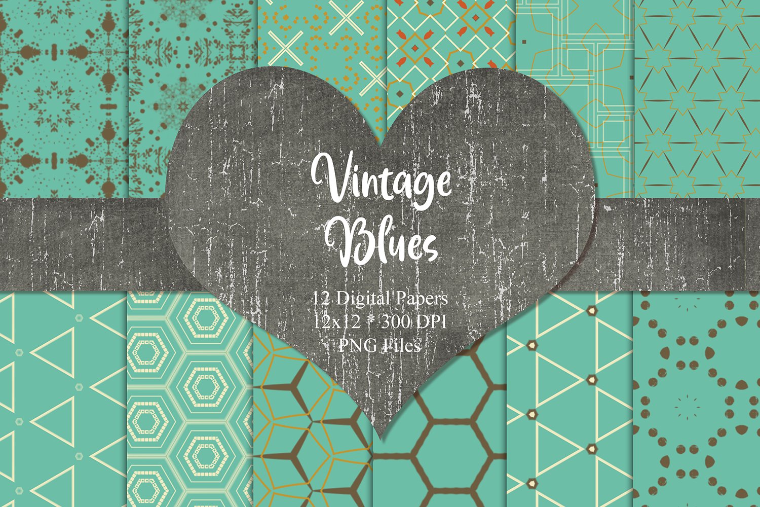 Vintage Blue & Brown BoHo Printable Digital Paper Pack