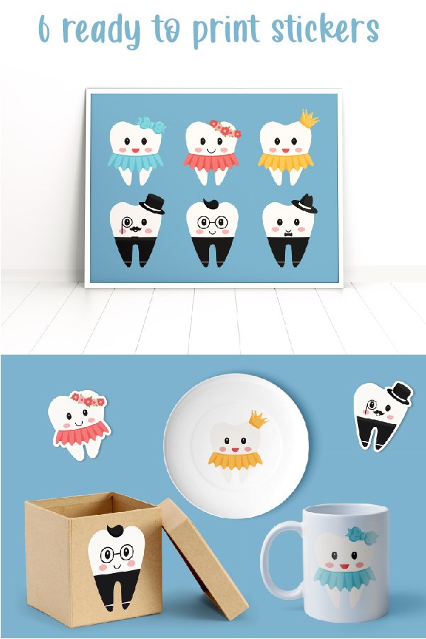 Cute baby teeth stickers. Ready to print stickers.