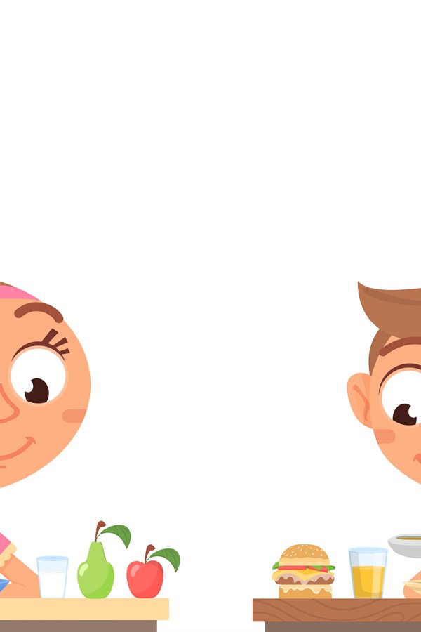 Boy girl eating. Family eat, home healthy food. Cartoon sist