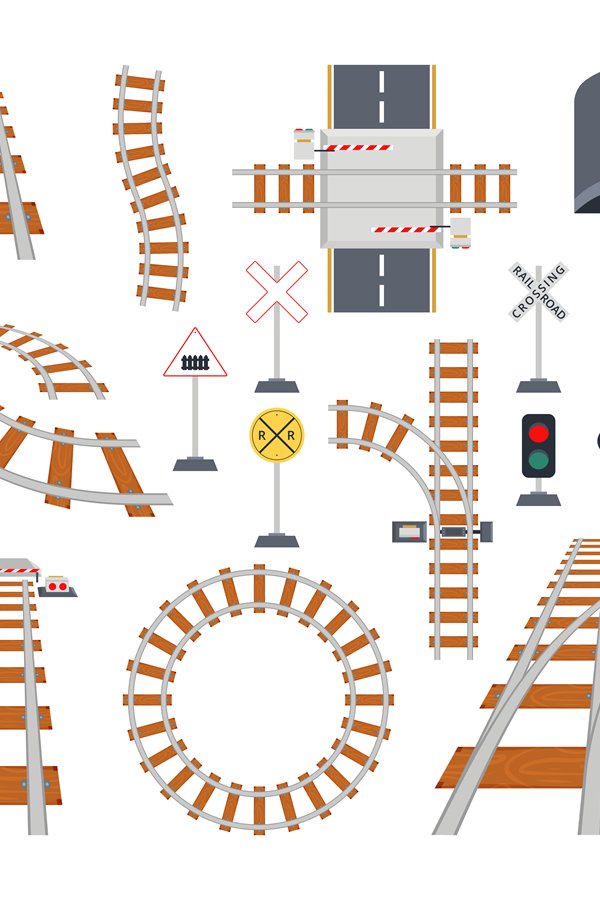Different structural elements of railway. Vector collection