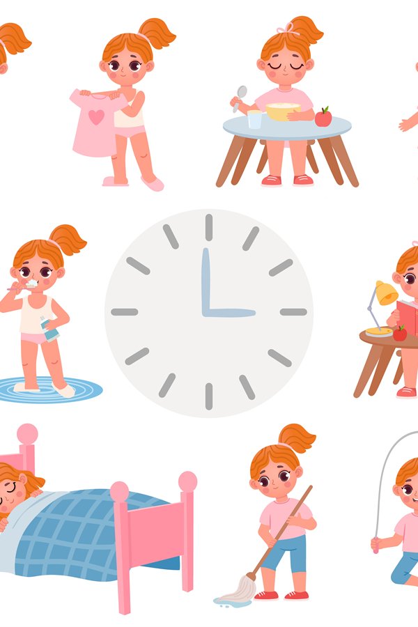 Cute little school girl day routine schedule. Cartoon kid ac