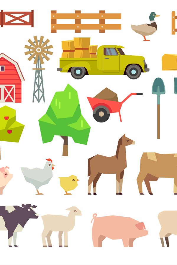 Cartoon farm elements, animals, building, tools, trees, agri