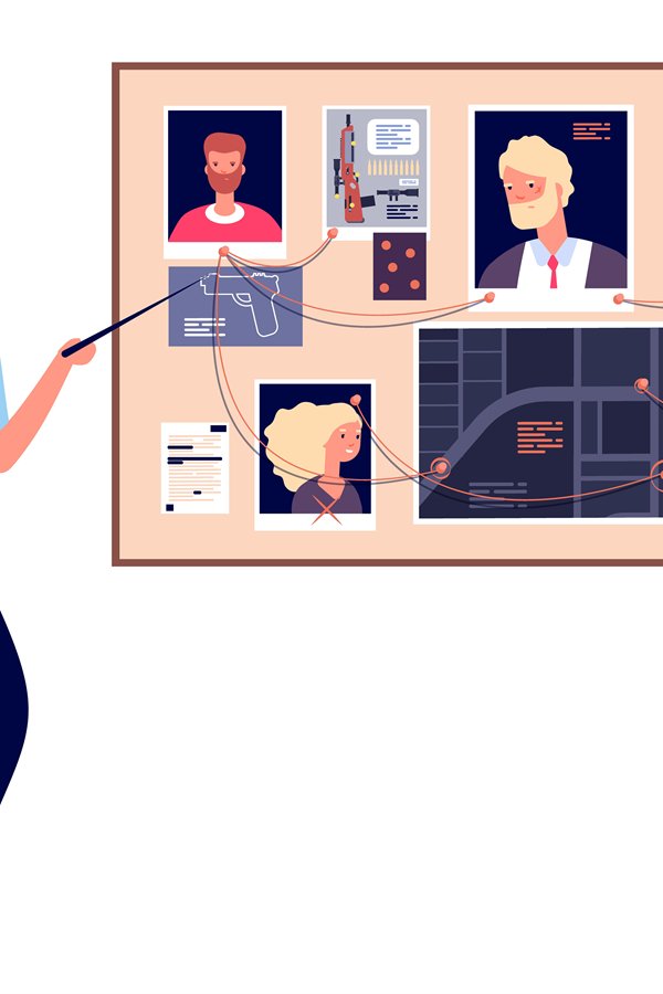 Detective board. Crime investigation plan with murder photos