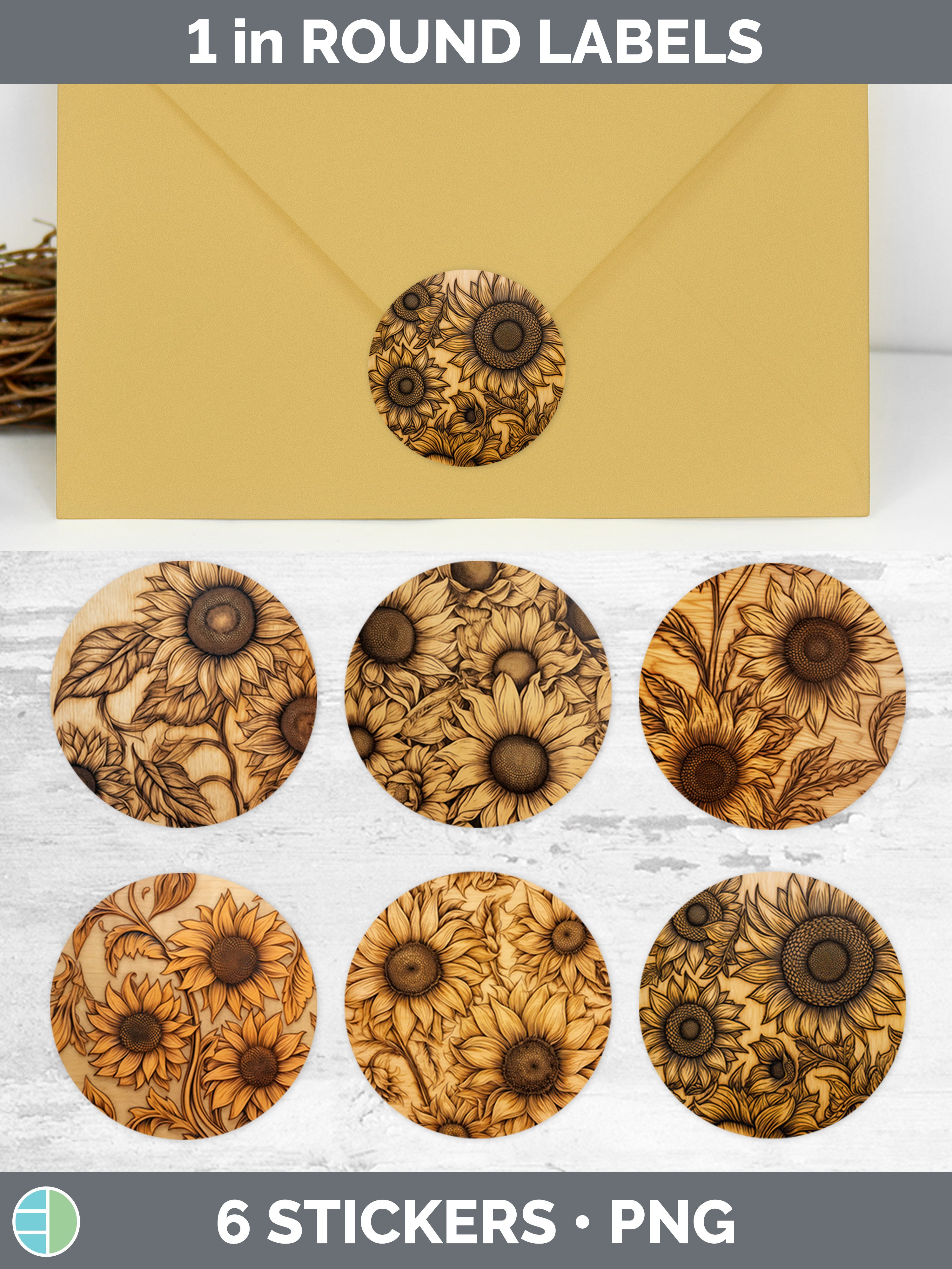 Wood Burned Sunflower Flowers Stickers | Round Labels Design