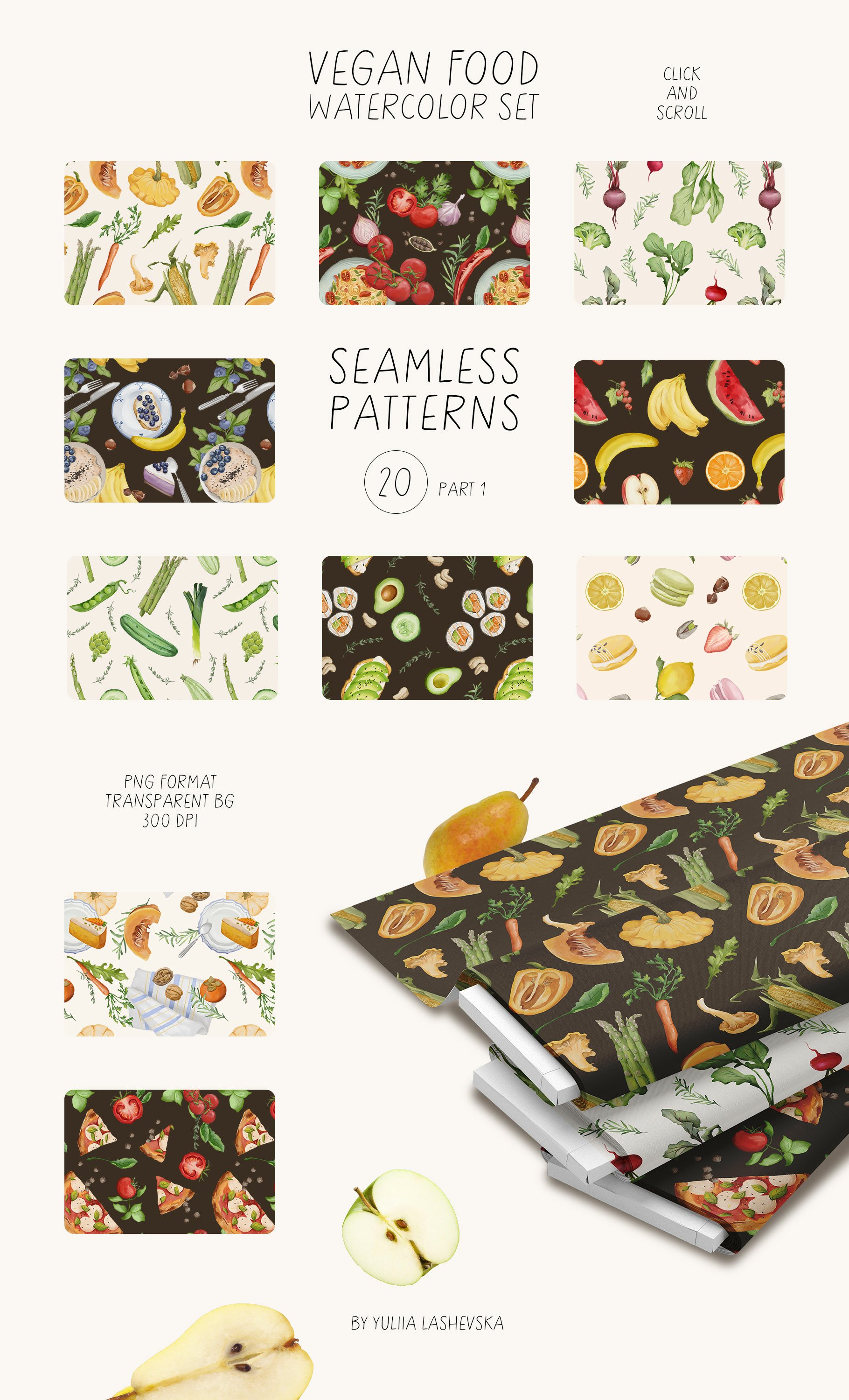 Food seamless patterns - 10 png vegan patterns