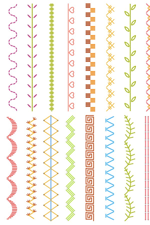 Sewing stitches. Embroidery stitches borders, detailed threa