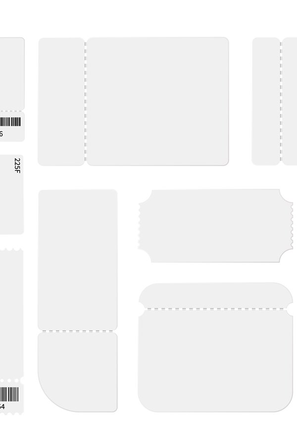 White blank tickets template. Realistic ticket mockup, isola