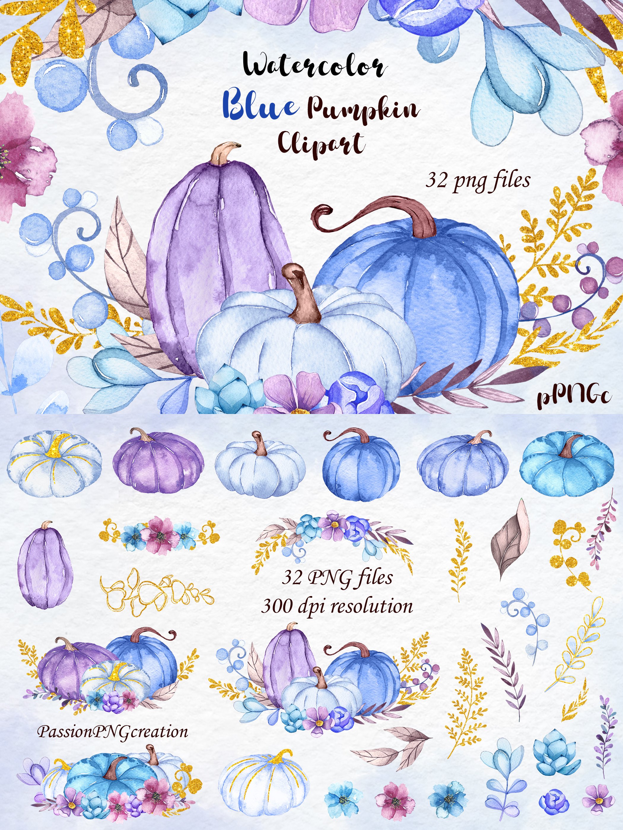 Watercolor Blue Pumpkin clipart, Pastel Pumpkins clip art
