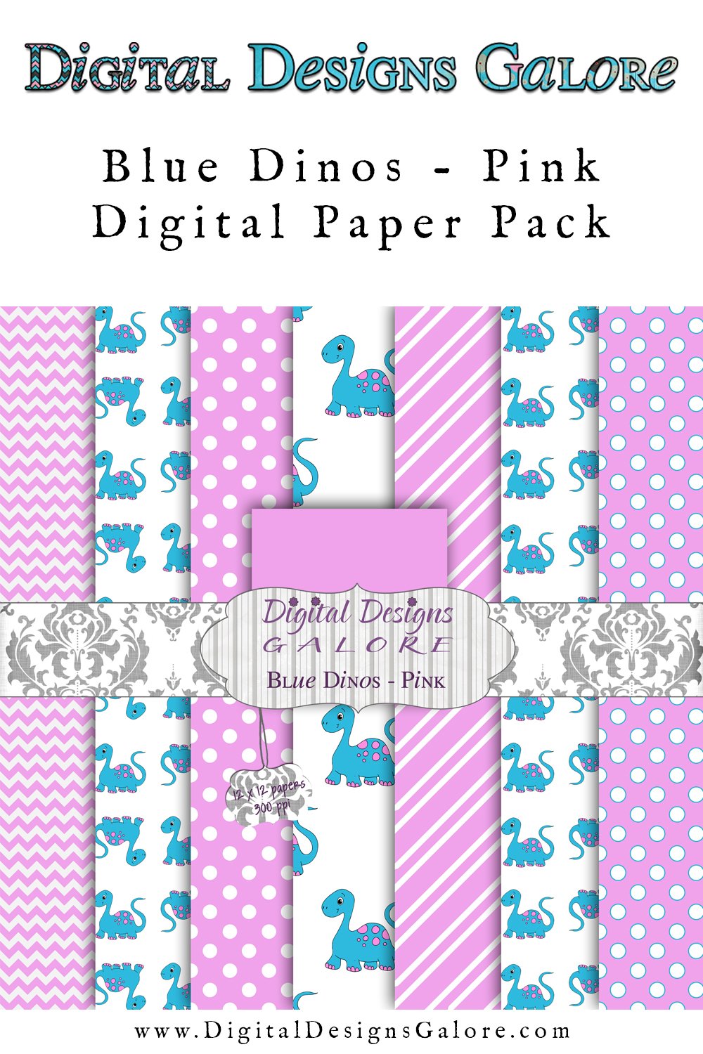 Blue Dinos Pink Digital Paper Pack | 8 Digital Craft Papers