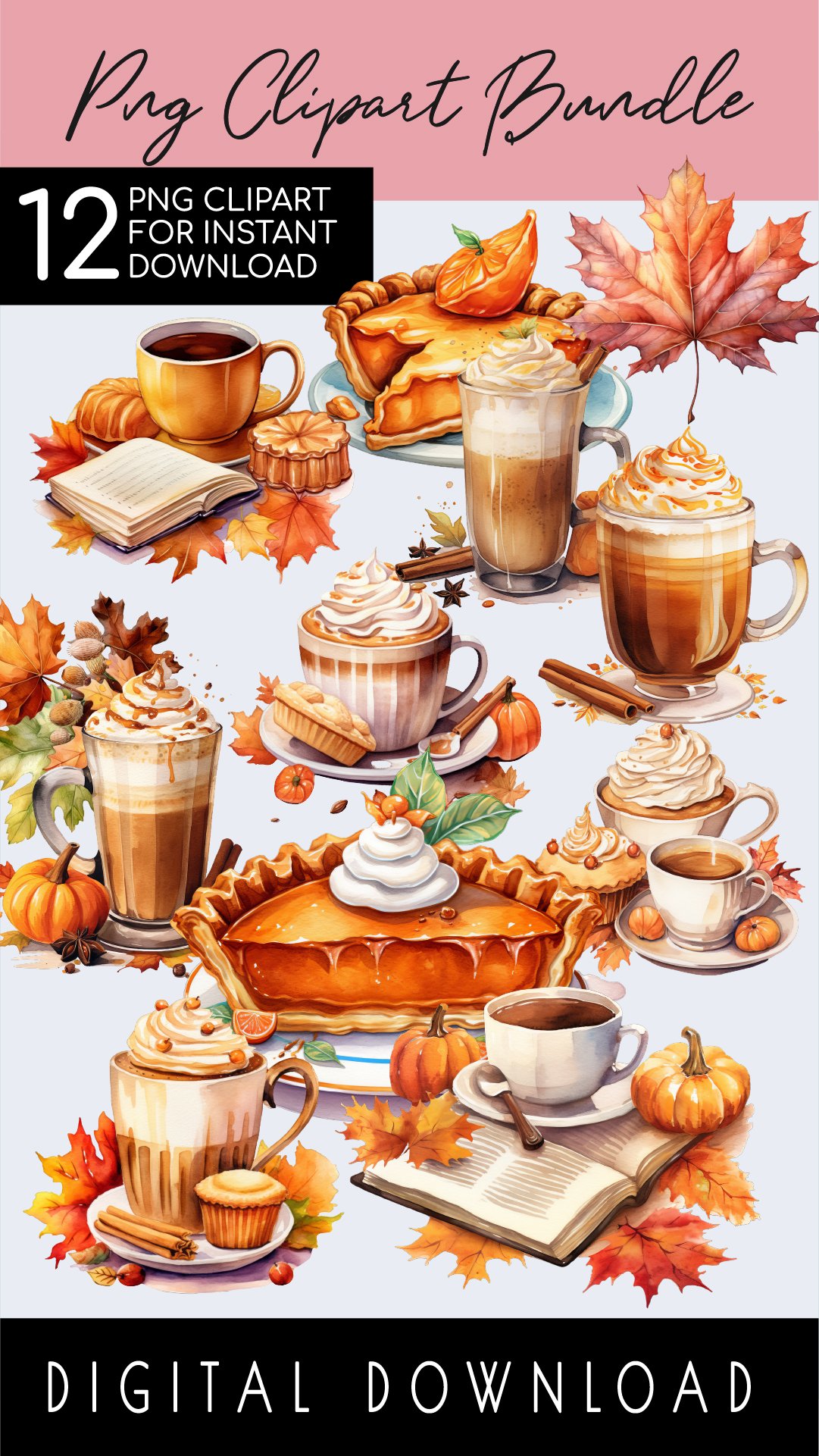 Pumpkin Spice Clipart, Watercolor Autumn Sublimation Bundle