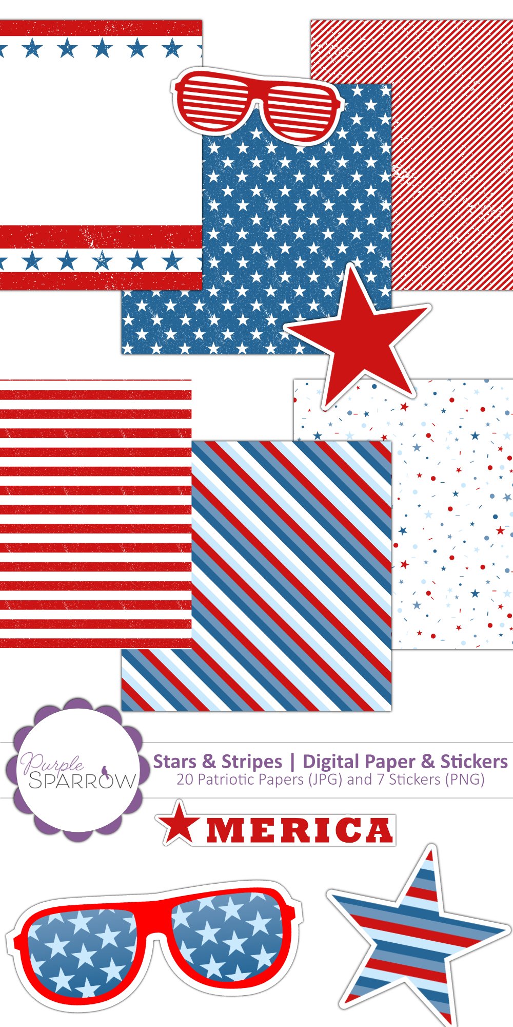 Patriotic Stars and Stripes | Digital Papers and Stickers