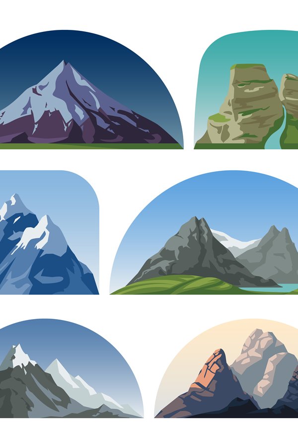Cartoon mountain side vector landscapes. Outdoor hill tops i